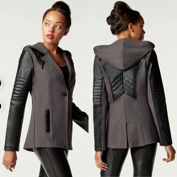 blanc noir | Jackets & Coats | Blanc Noir Stretch Scuba Faux Leather Hooded Moto Blazer | Poshmark